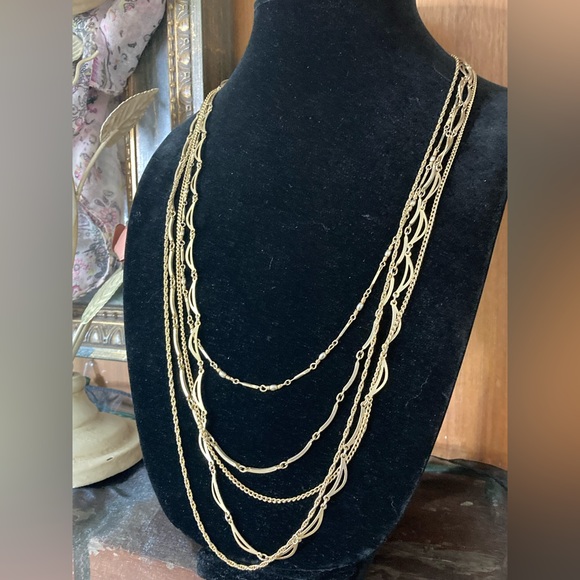 Vintage | Jewelry | Vintage Five Strand Gold Tone Chain Necklace Or ...